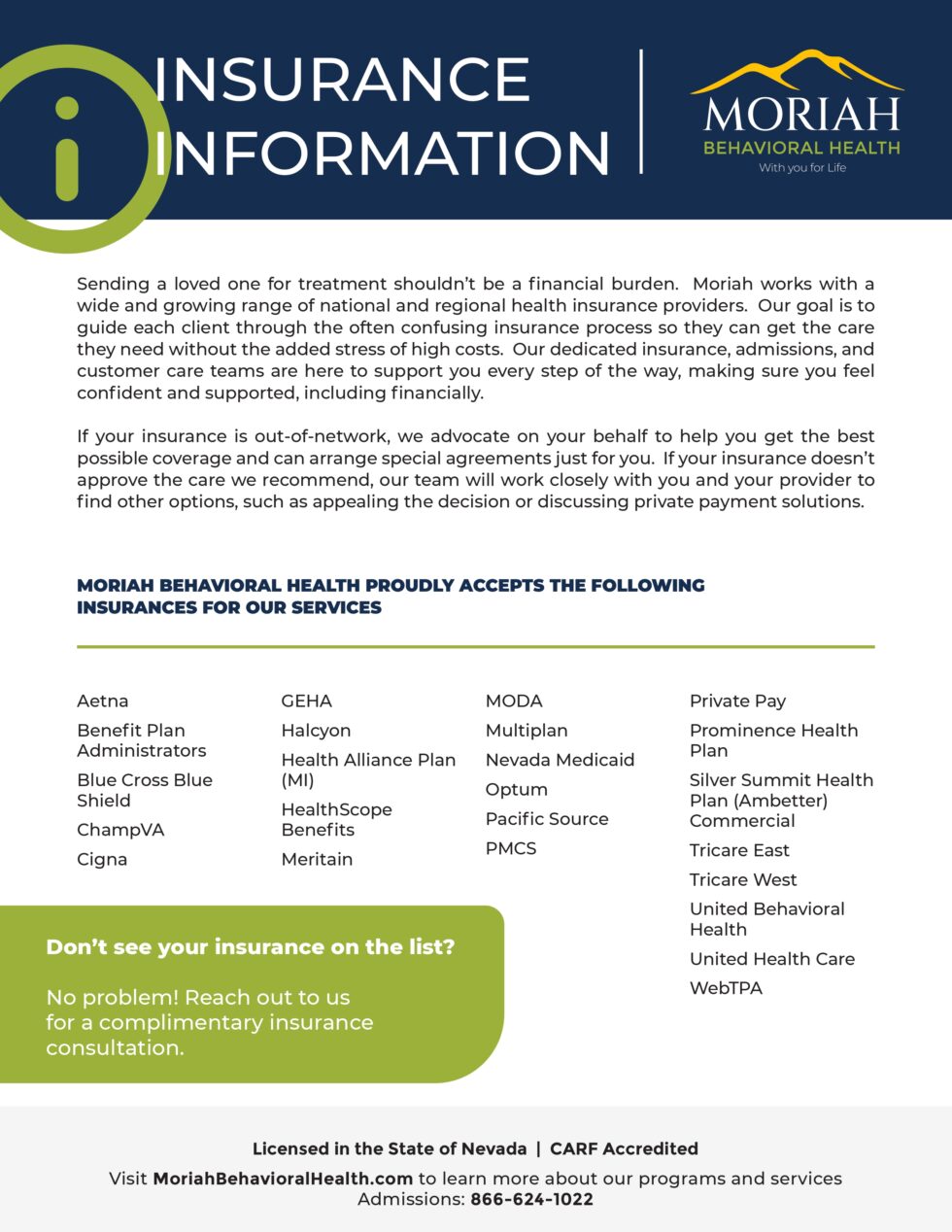 insurance information - Moriah Behavioral Health